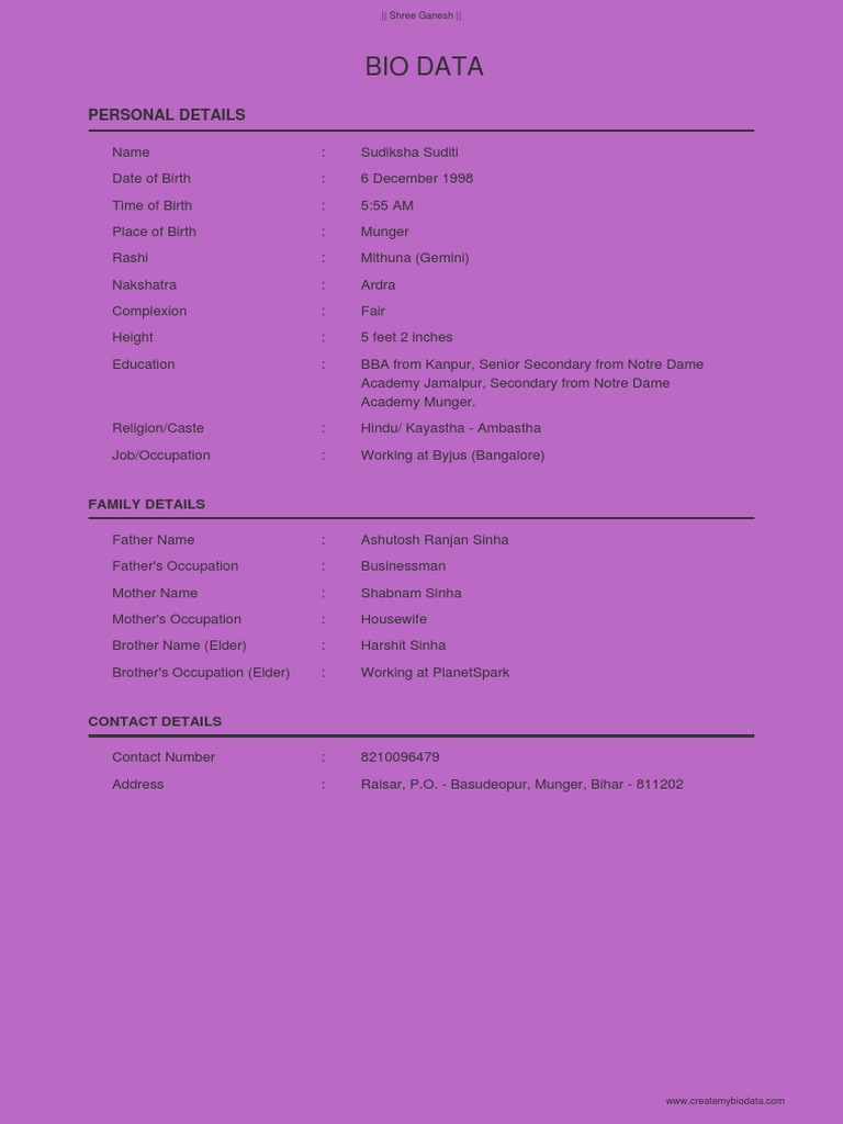 Sudiksha Suditi_Biodata(by Createmybiodata.com) | PDF