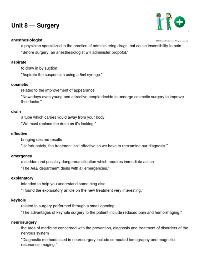 MedicalEnglish.com — Unit 8 Vocabulary | PDF | Surgery | Surgical Suture