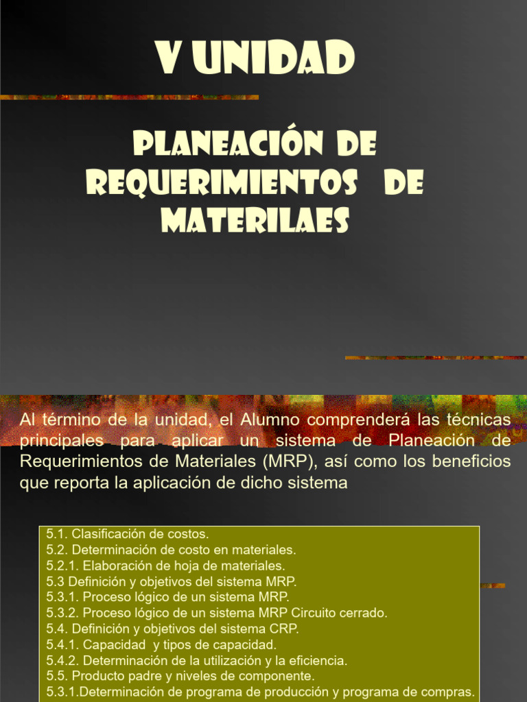 V Unidad MRP 1 | PDF | Lean Manufacturing | Costo