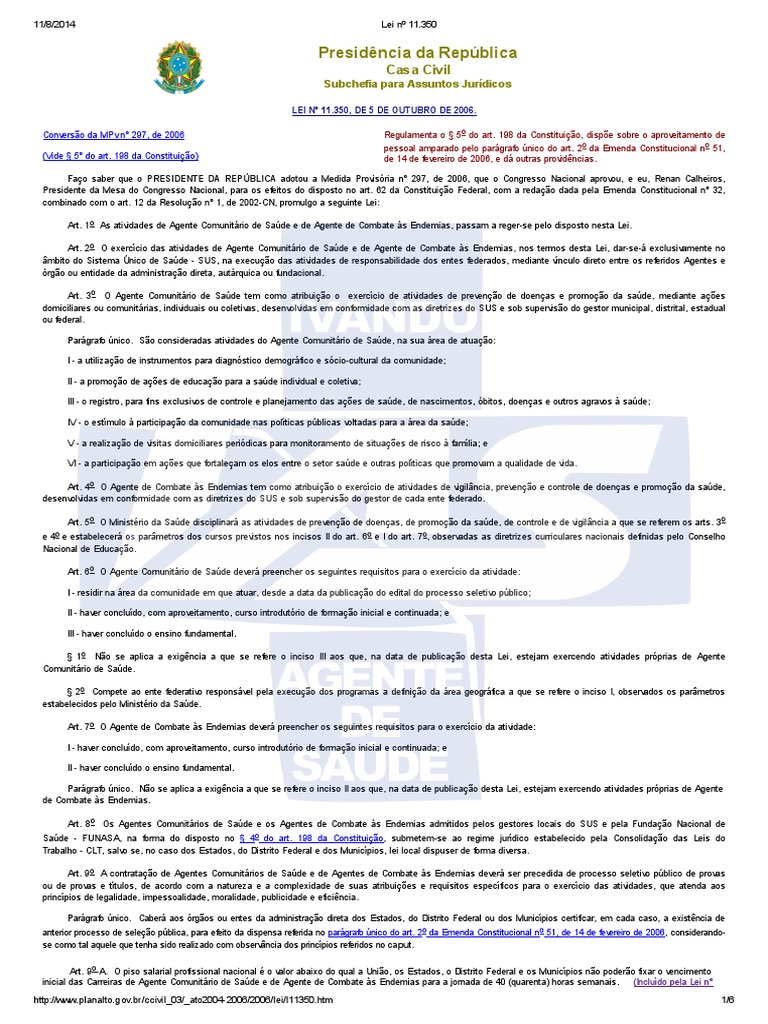 Lei 11350-06 - Lei Da Criação Dos Cargos de ACS e ACE | PDF | Promoção ...