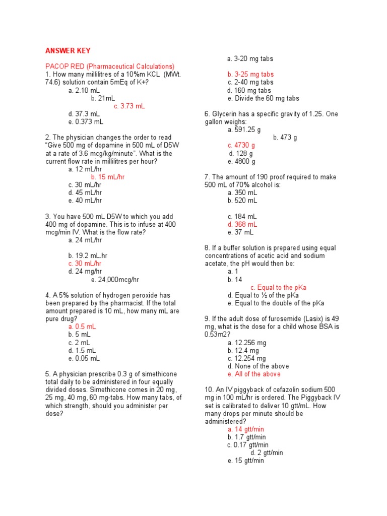 Pharmaceutical Calculations Answer Key-RED PACOP | PDF | Mass Concentration (Chemistry) | Dose ...