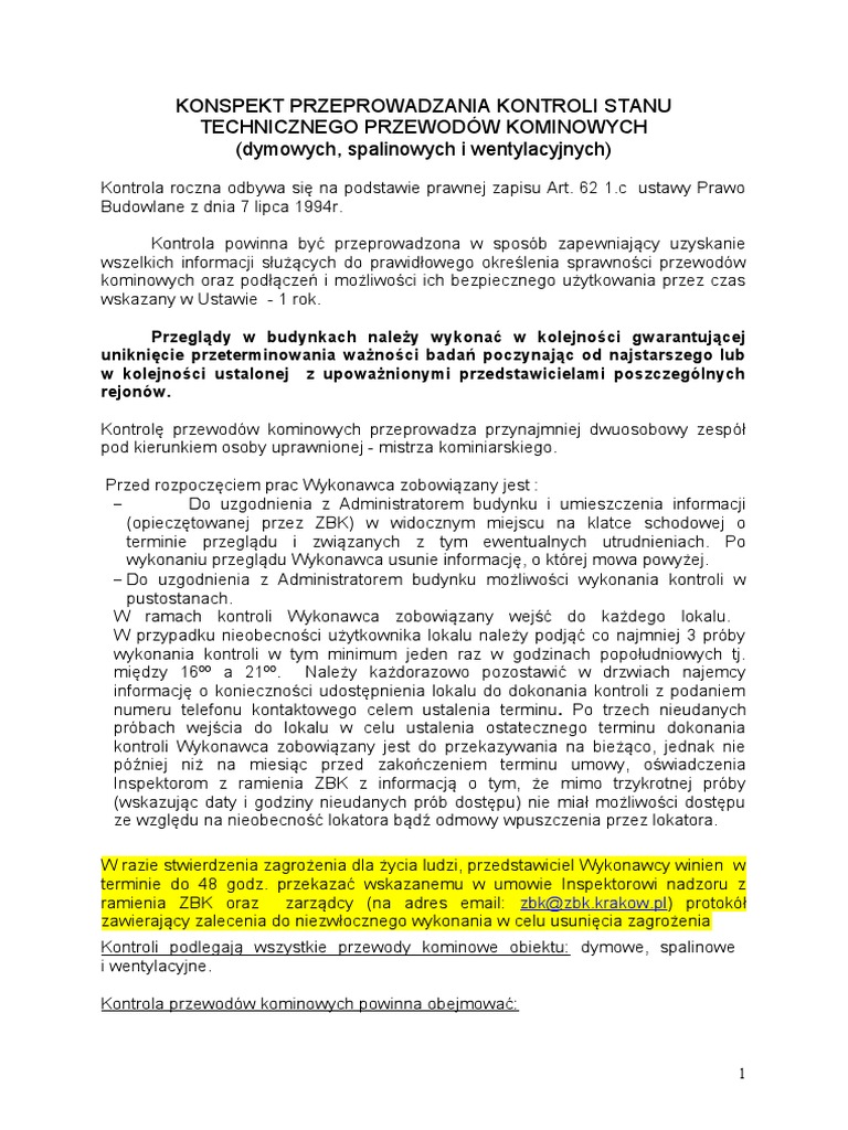 Konspekt Przeprowadzenia Kontroli Przewodow Kominowych Poprawiony | PDF
