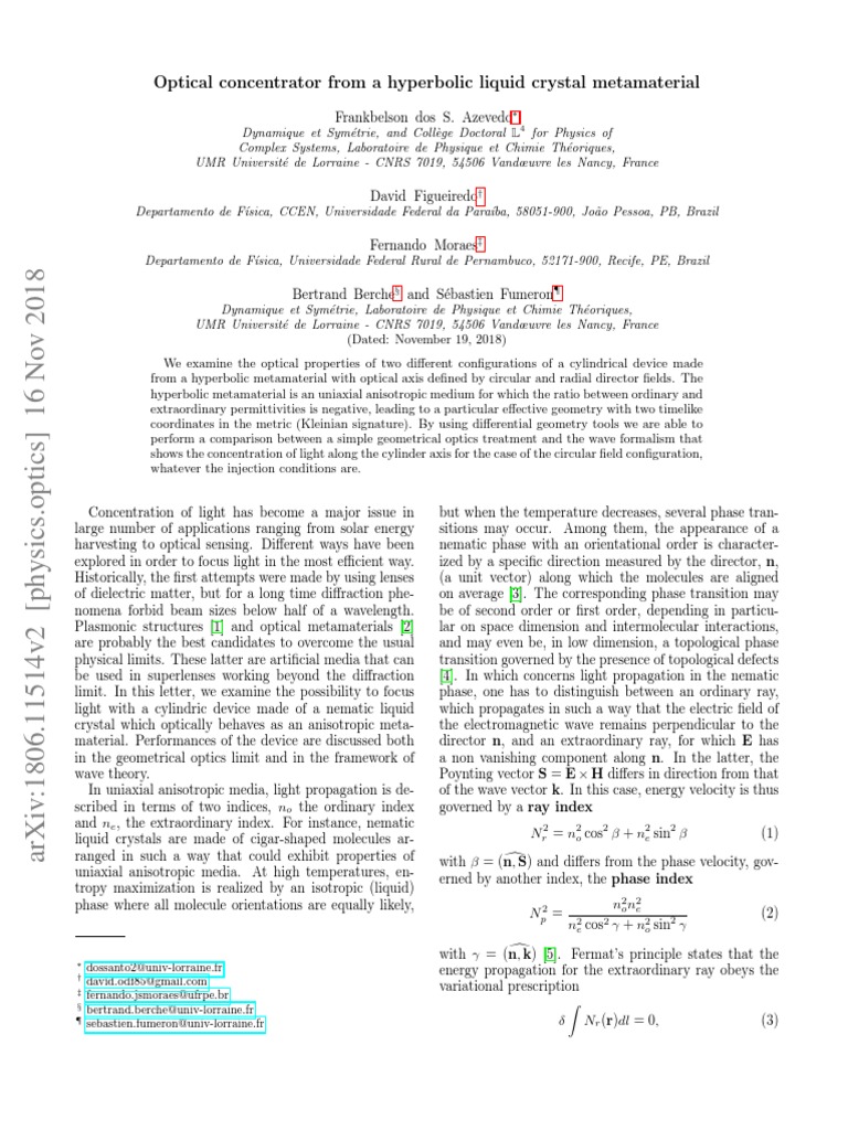 Optical Concentrator From A Hyperbolic Liquid Crystal Metamaterial | PDF | Liquid Crystal | Waves