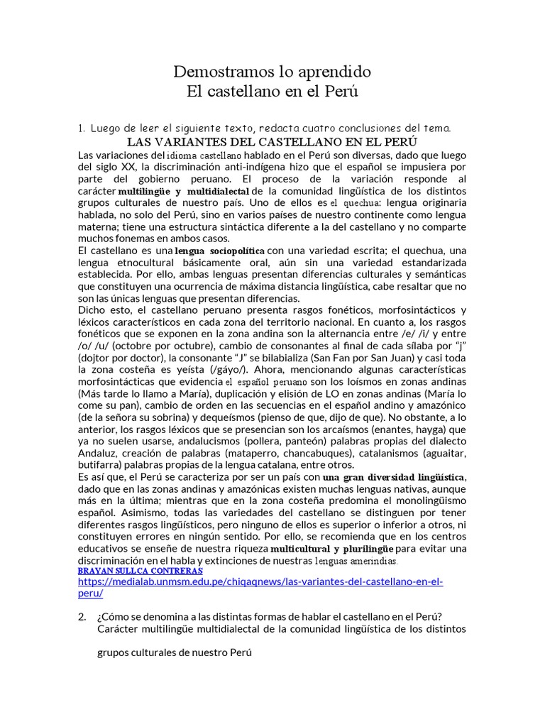 Variantes del Castellano en el Perú | PDF | Lengua española | Lingüística