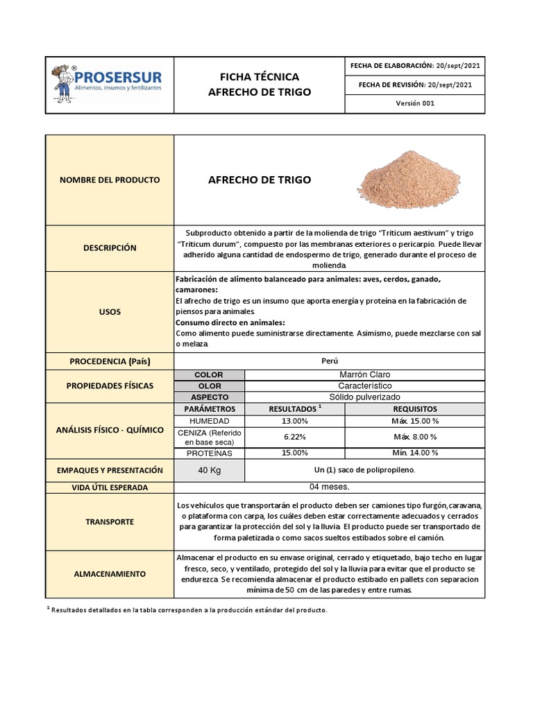 Ficha Técnica del Afrecho de Trigo | PDF | Trigo | Alimentos