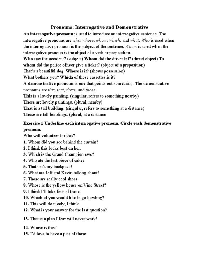Interrogative and Demonstrative Pronouns Worksheet | PDF | Language ...