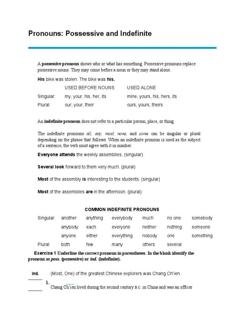 Pronouns Possessive and Indefinite. | PDF | Pronoun | Grammatical Number