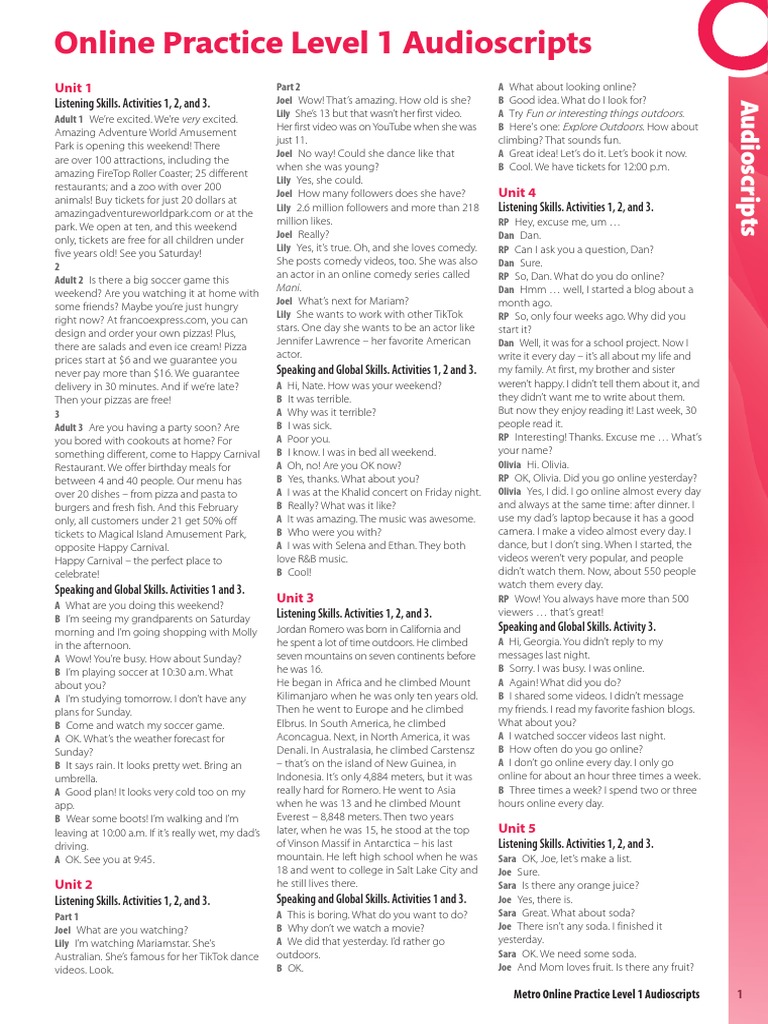 Metro 2e Online Practice Level 1 Audio Video Script | Download Free PDF | South Pole
