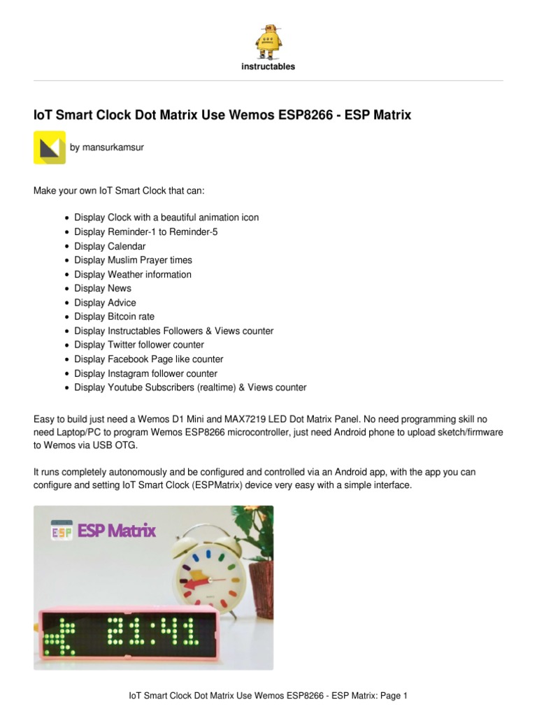 Iot Smart Clock Dot Matrix Use Wemos Esp8266 Esp M Download Free Pdf Android Operating 7408