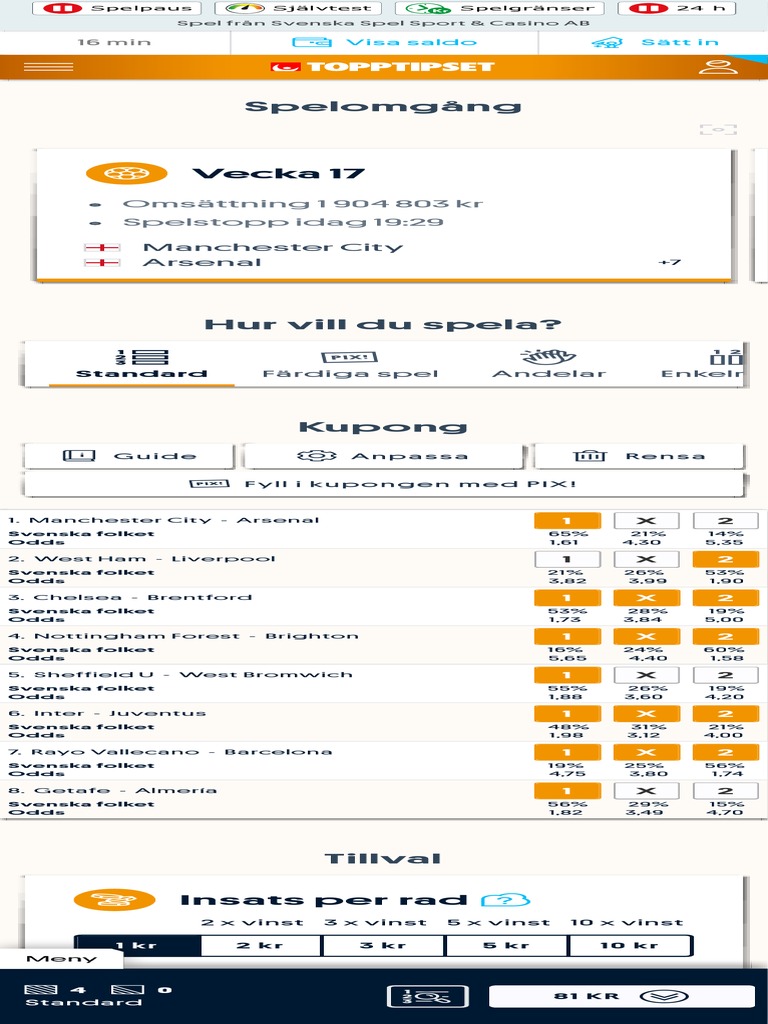 Topptipset - Tippa 1X2 På 8 Fotbollsmatcher - Svenska Spel | PDF