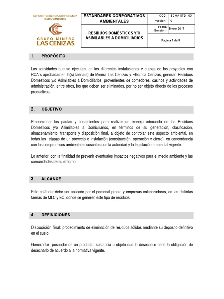 SCMA STD 03 - Residuos Domesticos y Asimilables Rev 0 | PDF | Residuos | Residuos sólidos urbanos