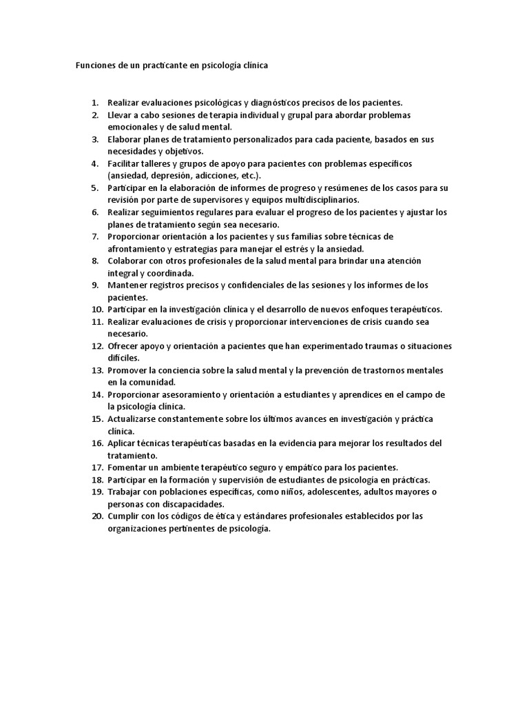 Funciones del Practicante en Psicología Clínica | PDF | Psicología ...