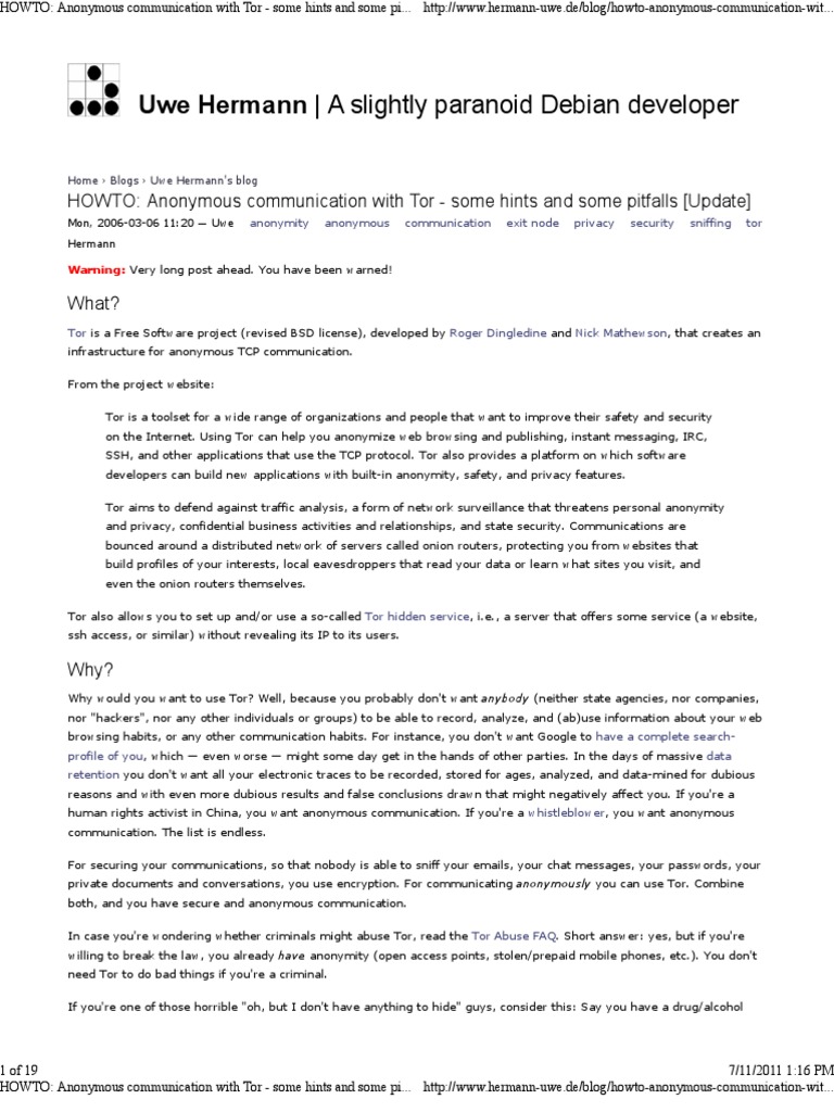 HOWTO - Anonymous Communication With Tor - Some Hints and Some Pitfalls ...
