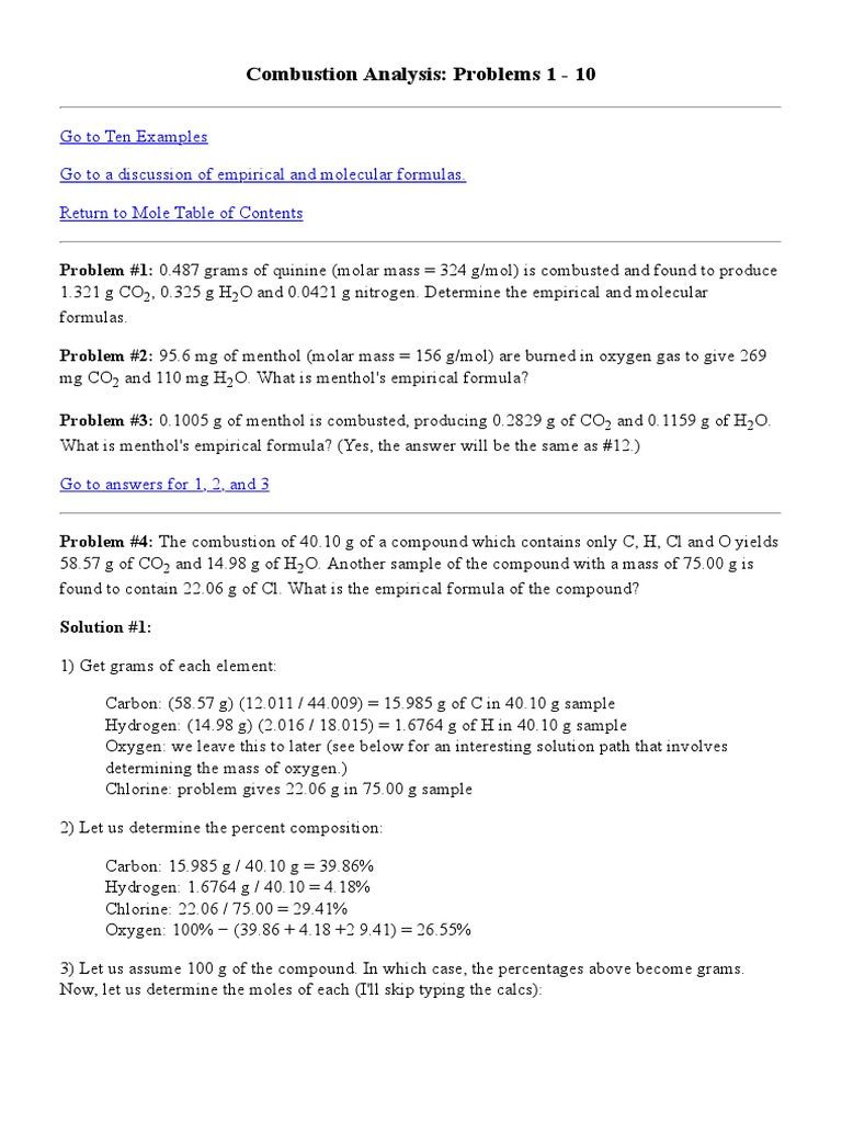 ChemTeam - Combustion Analysis - Problems 1 - 10 | PDF | Mole (Unit) | Molecules
