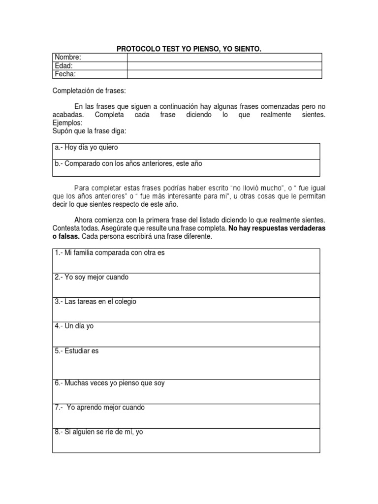 Cuestionario Yo Siento, Yo Pienso | PDF