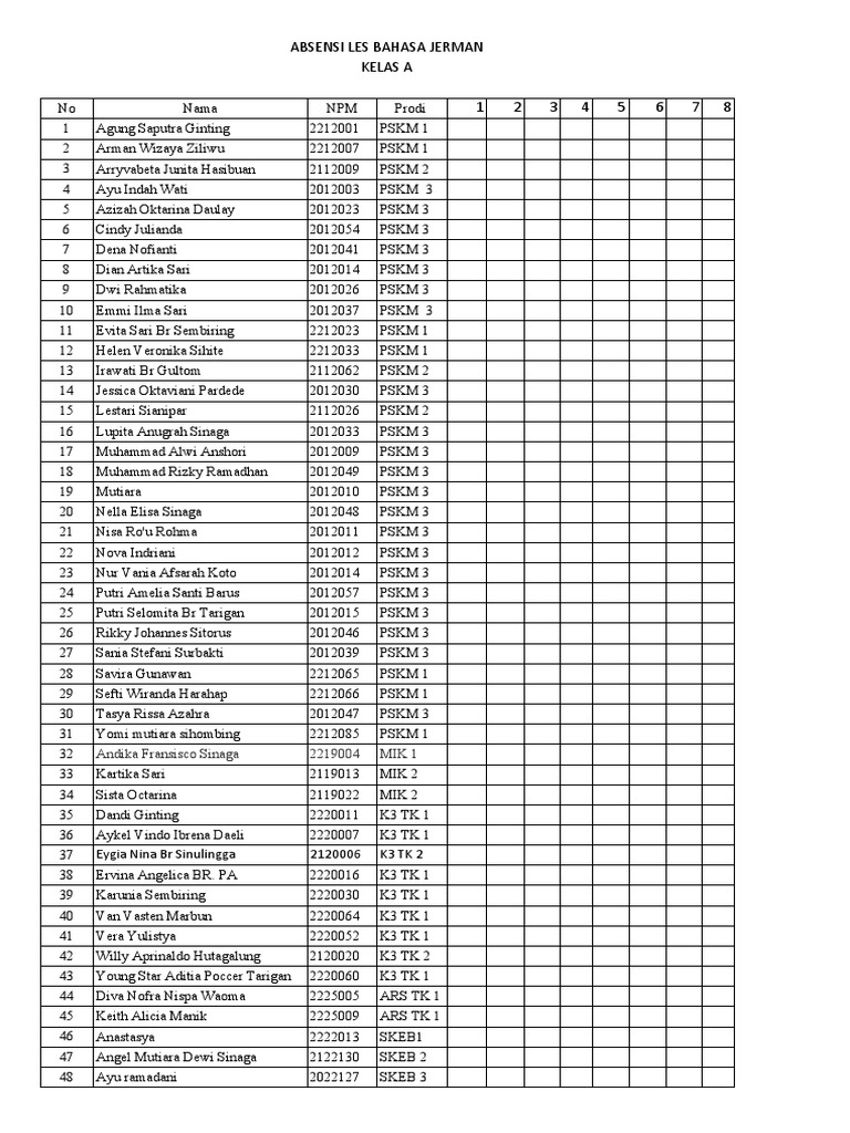 Absensi Les Jerman Kelas A & B | PDF