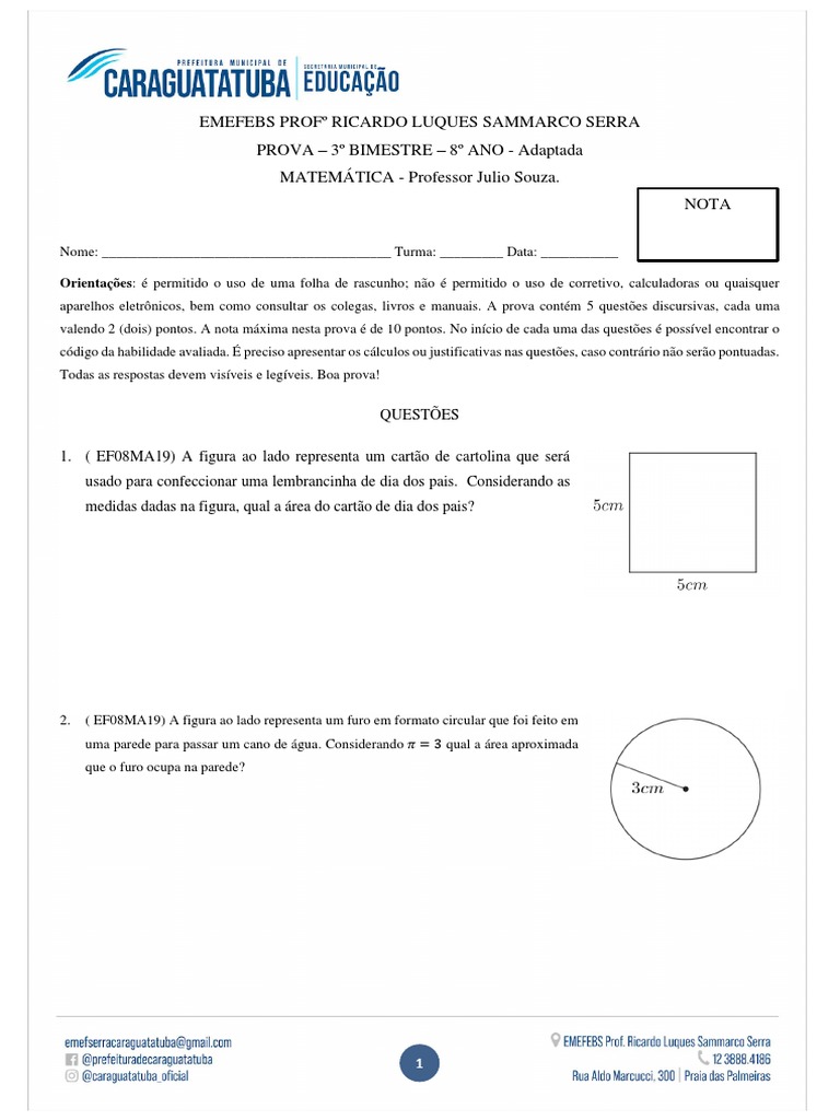 Prova - 8º Ano - 3 Bimestre - Adaptada | PDF