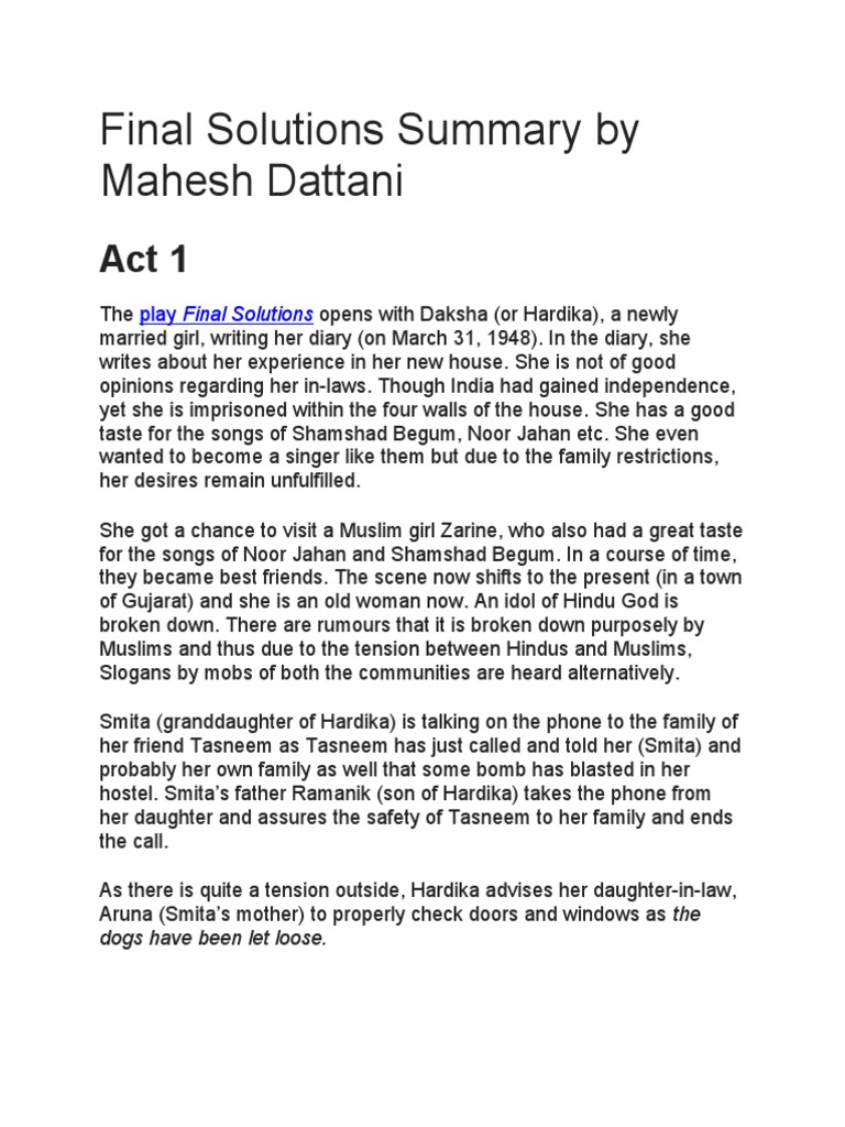 Final Solutions Summary by Mahesh Dattani | PDF