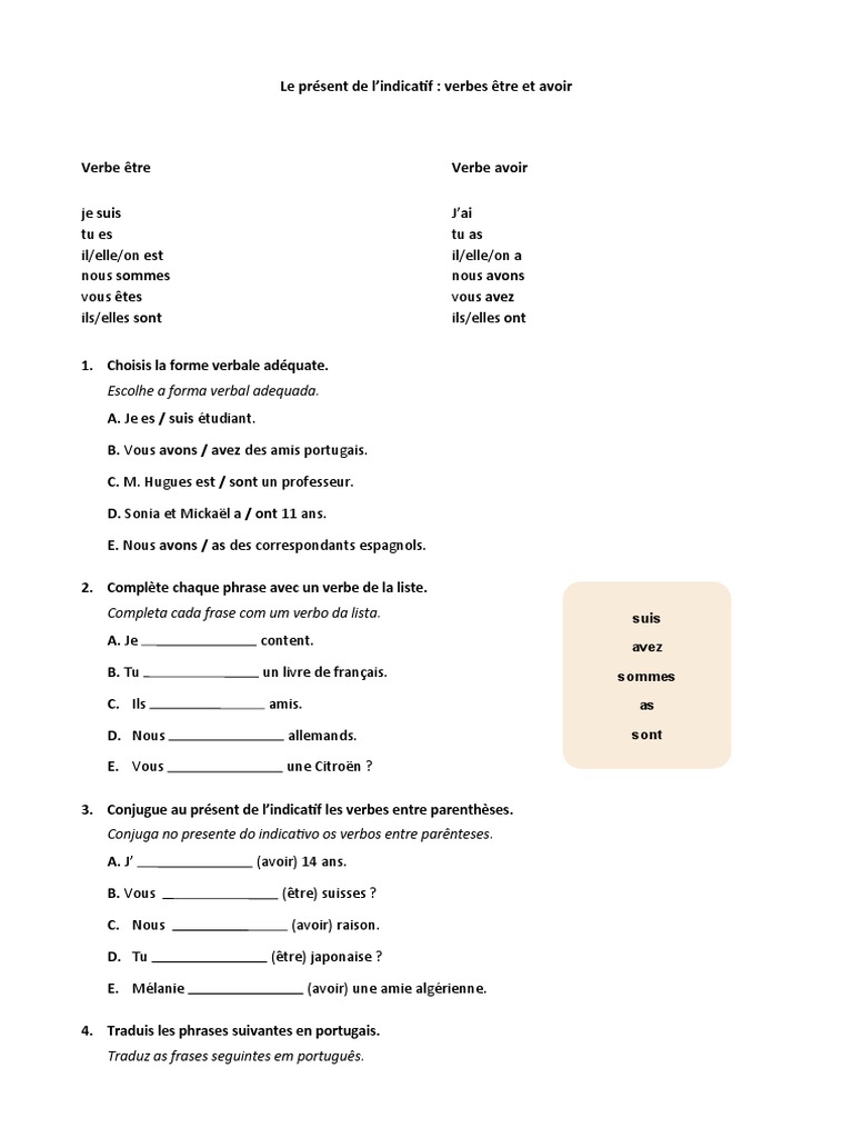 Fiche 1 Le Présent de L'indicatif - Verbes Être Et Avoir | PDF | Échecs ...