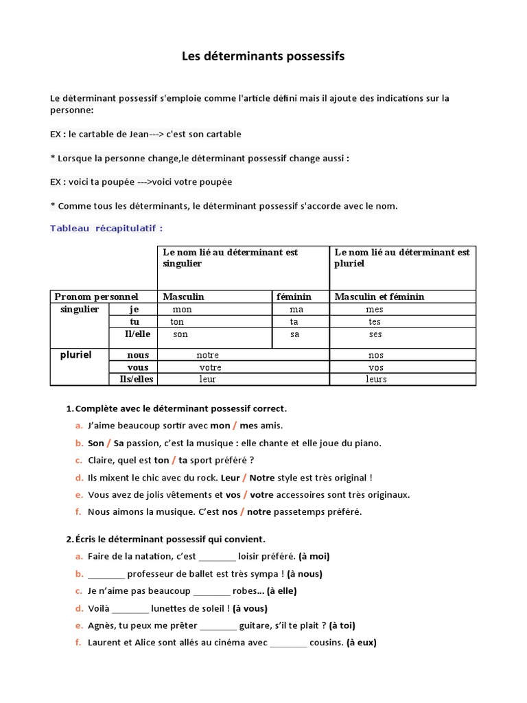Les Déterminants Possessifs | PDF | Nombre grammatical | Genre grammatical