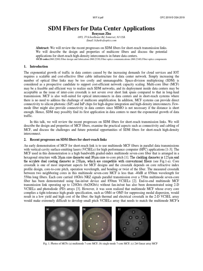SDM Fibers For Data Center Applications Paper 2019 | PDF | Fiber Optic Communication | Equipment