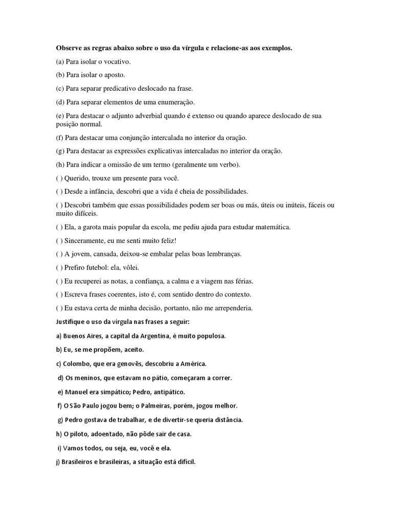 Regras e Exemplos do Uso da Vírgula | PDF
