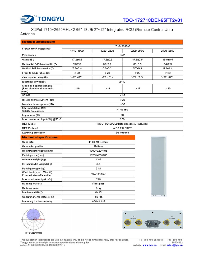 TDQ-172718DEI-65FT2v01 DATA SHEET | PDF | Antenna (Radio) | Wireless