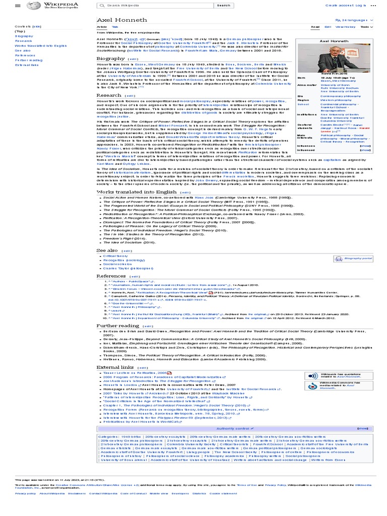 Axel Honneth | PDF | Frankfurt School | Critical Theory