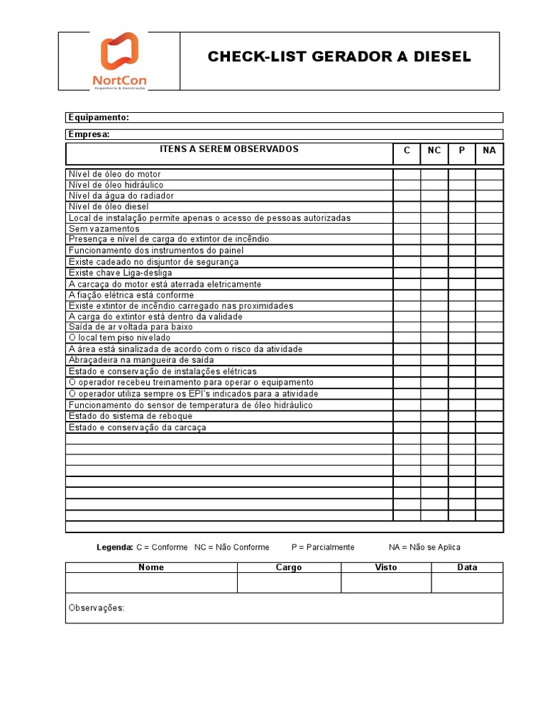 Check List Gerador A Diesel | PDF
