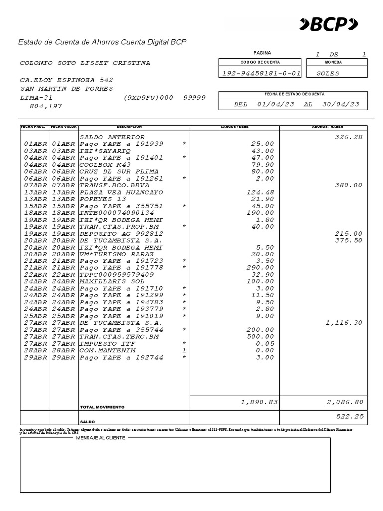 Estado de Cuenta Ahorros BCP abril 2023 | PDF