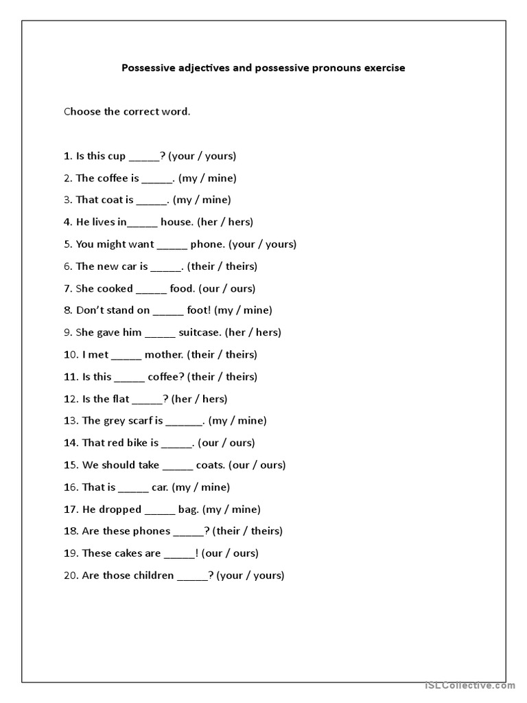 Possessive Adjectives and Pronouns Worksheet (1) | PDF
