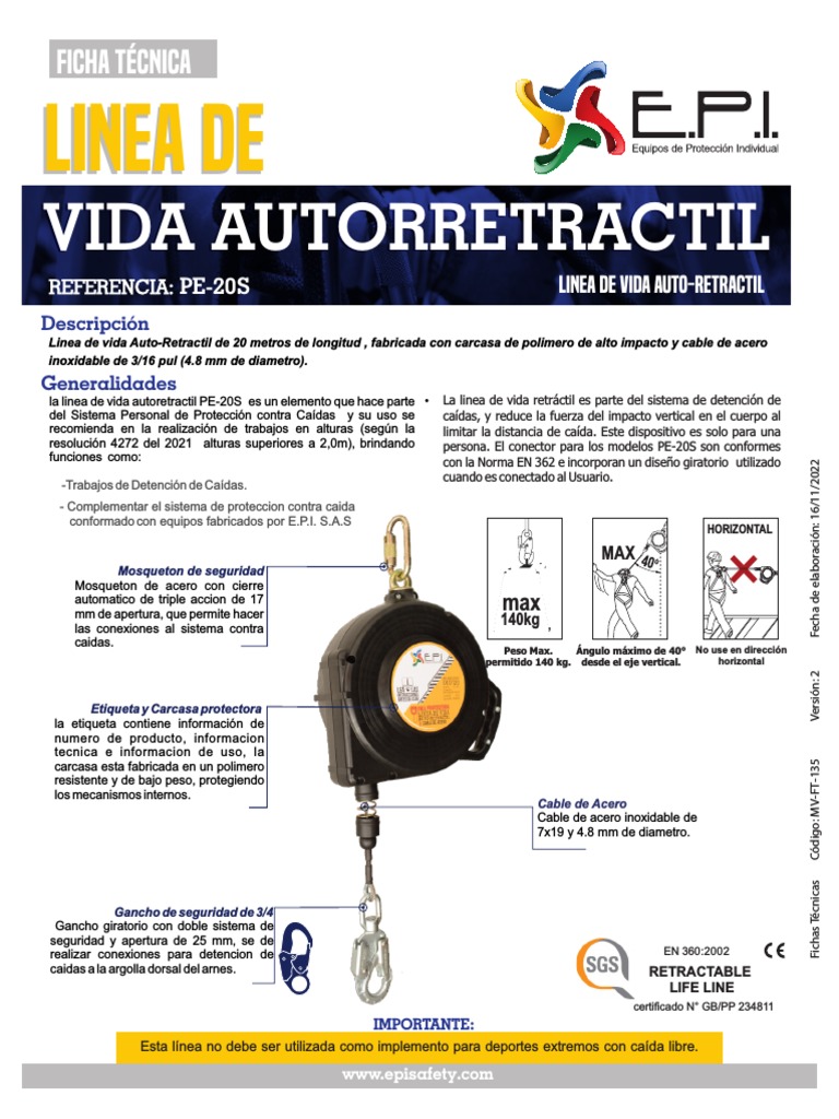 Línea de Vida Autorretráctil PE-20S | PDF | Bienes manufacturados
