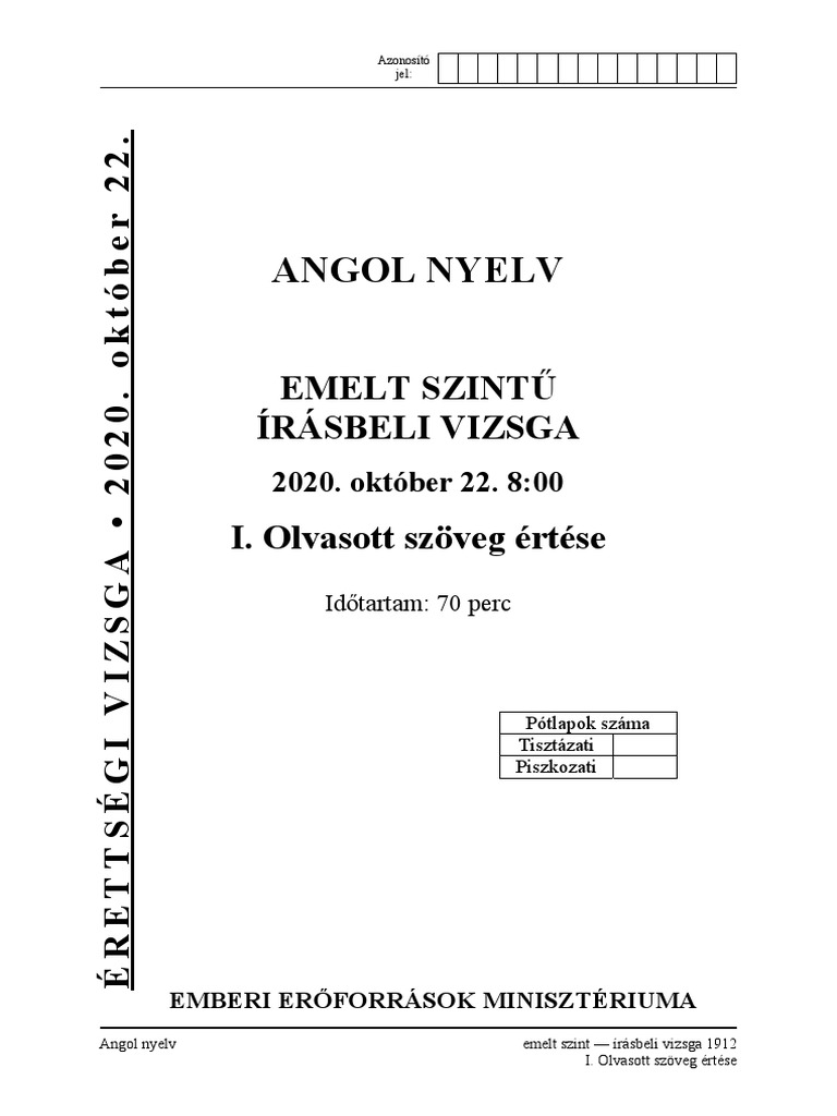 Angol Emelt Érettségi 2020 Október | PDF