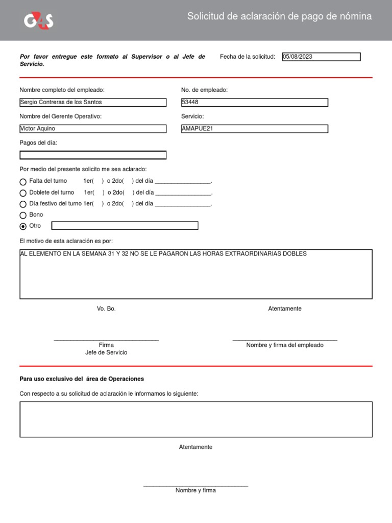 Solicitud de Aclaración de Pago de Nomina Sergio | PDF