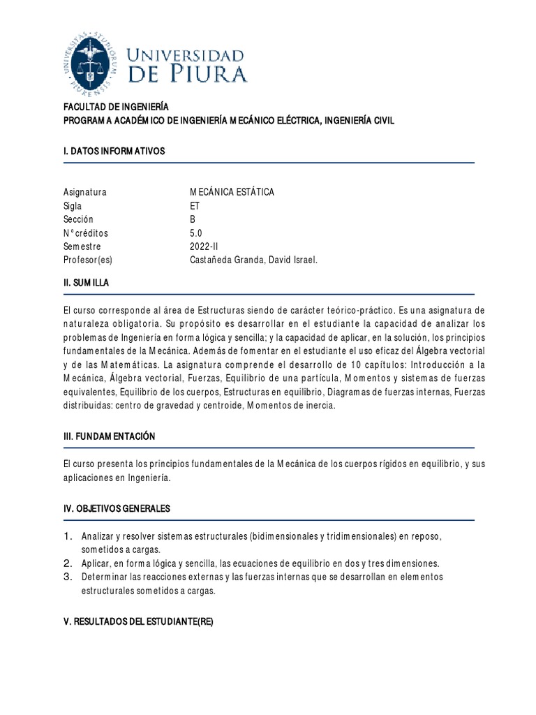 Silabo - Mecánica Estática - B - 2022-Ii | PDF | Física | Mecanica clasica