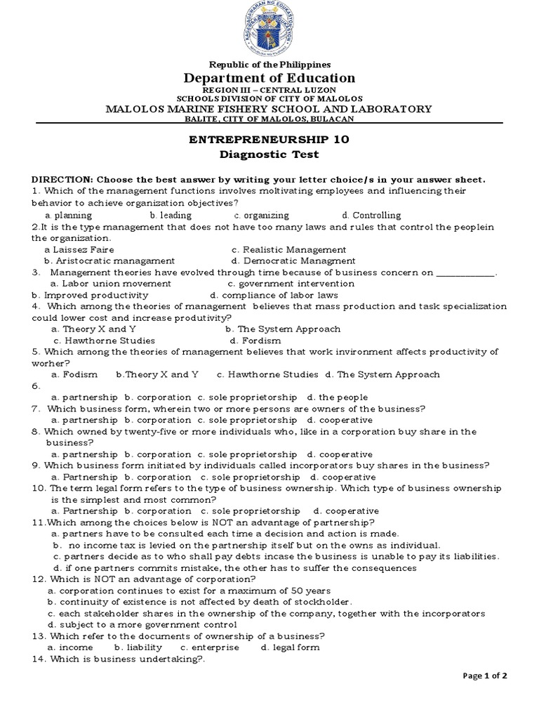 Entrepreneurship Test for Students | PDF | Corporations | Partnership