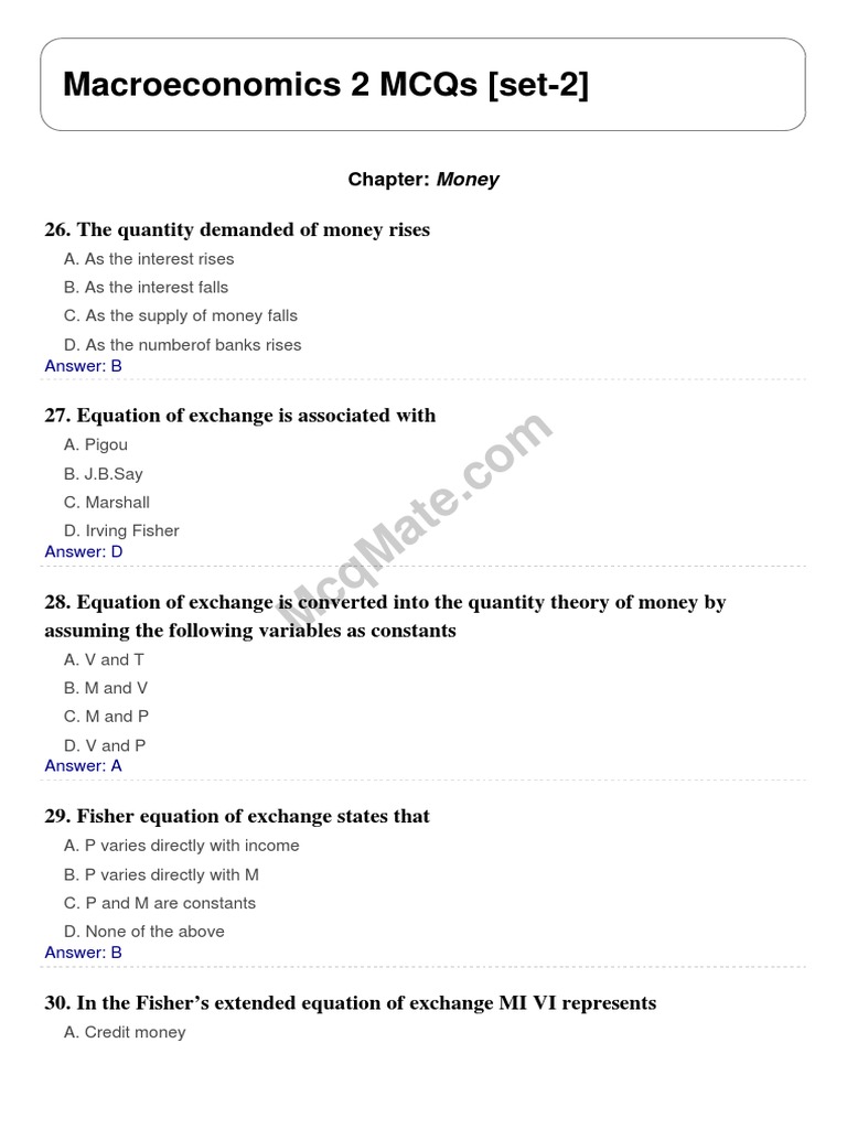 Macroeconomics Money & Banking MCQs | PDF | Quantity Theory Of Money ...
