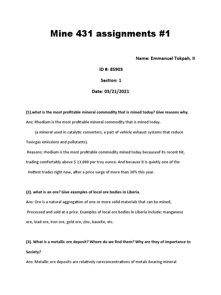 Mine 431 Assignment #1 Solutions | PDF | Ore | Mining