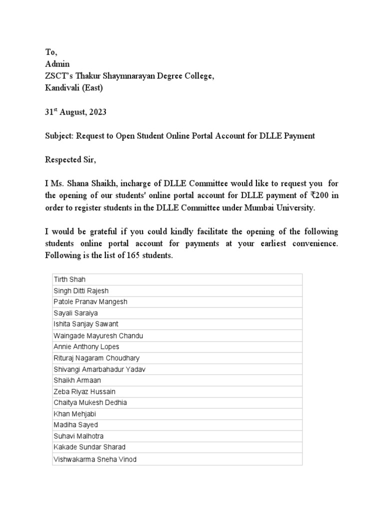DLLE Payment Request Letter | PDF