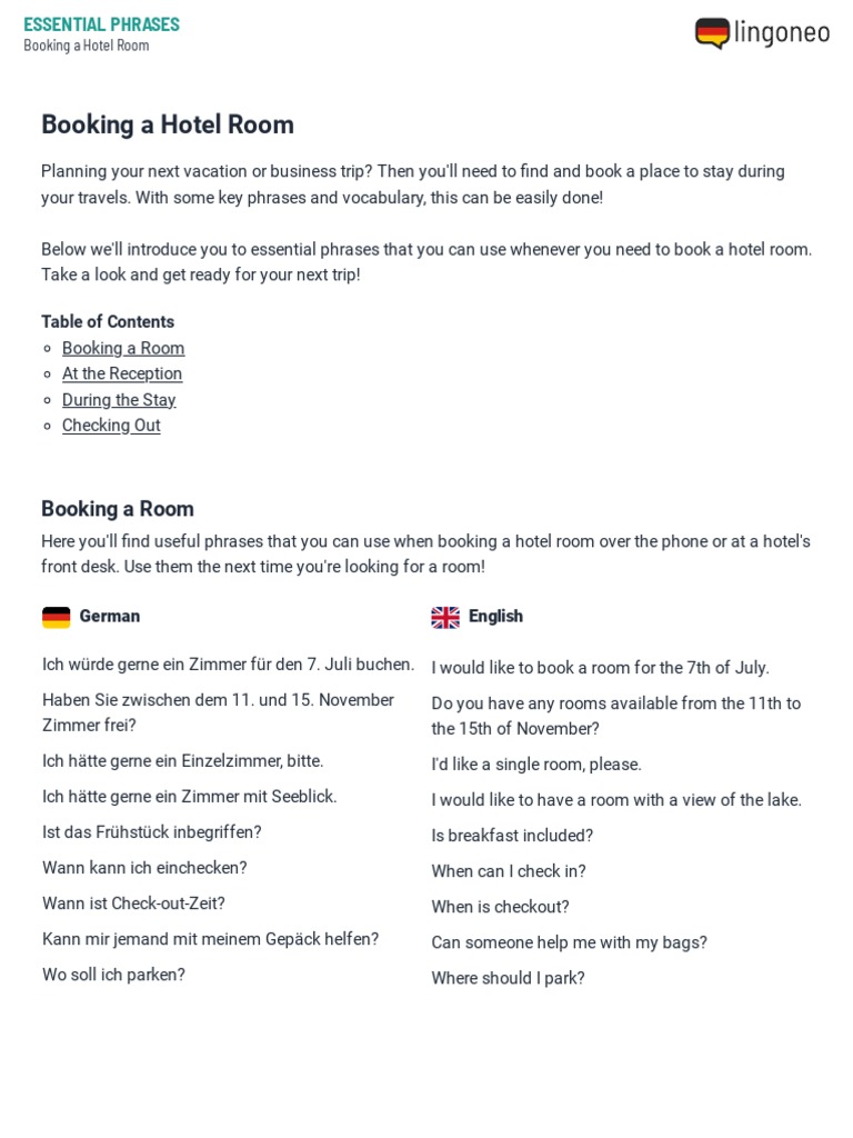 Booking A Hotel Room - Phrases Full Article | PDF