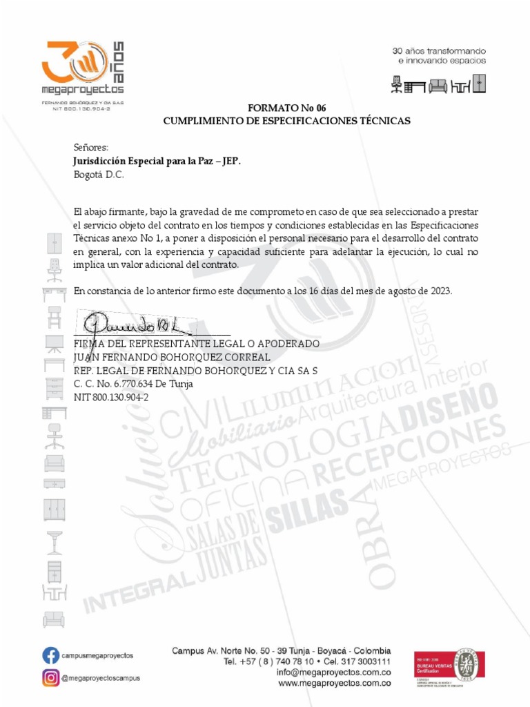 Formato 6 Cumplimiento de Especificaciones Técnicas | PDF