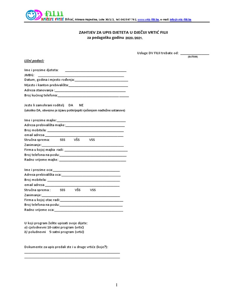 Zahtjev Za Upis Djeteta U DV Filii5 | PDF