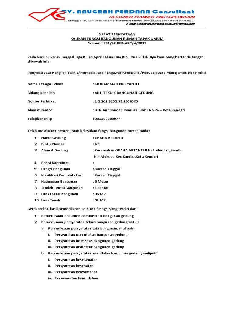 Surat Pernyataan Laik Fungsi | PDF