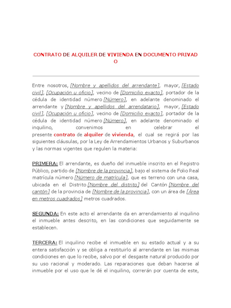 Formato de Contrato de Alquiler de Vivienda Costa Rica | PDF | Bancos ...