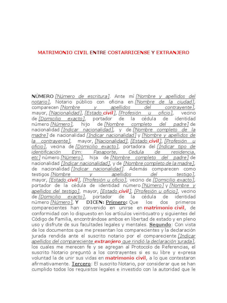 Formato de Matrimonio Entre Costarricense y Extranjero | PDF ...