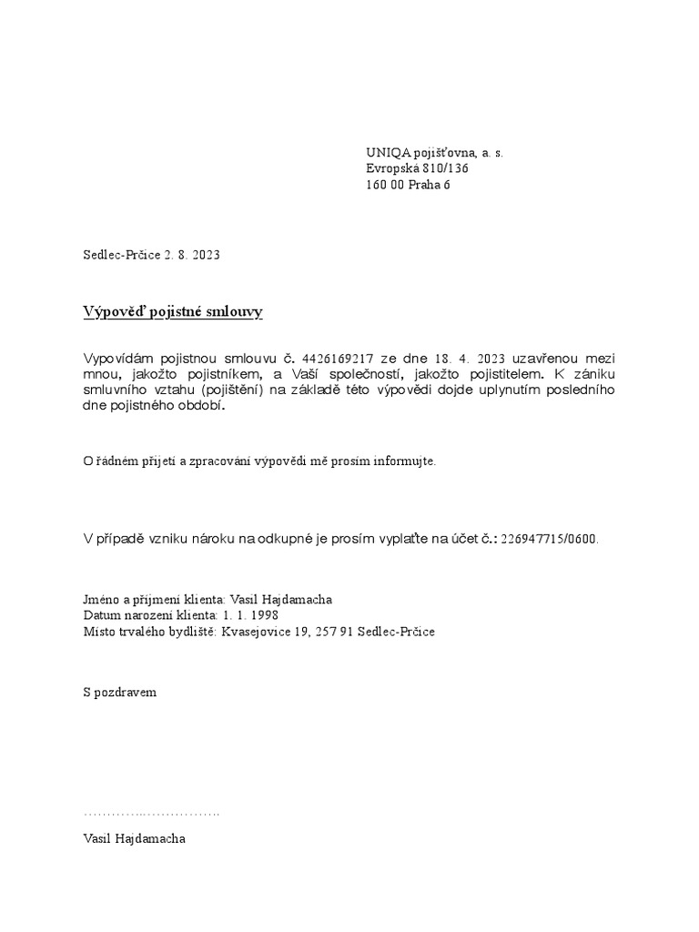 Vypoved Pojistne Smlouvy 20230802 094007 | PDF