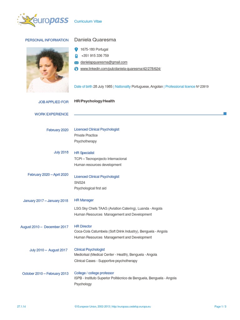 Europass-CV Daniela Quaresma | PDF | Angola | Psychology