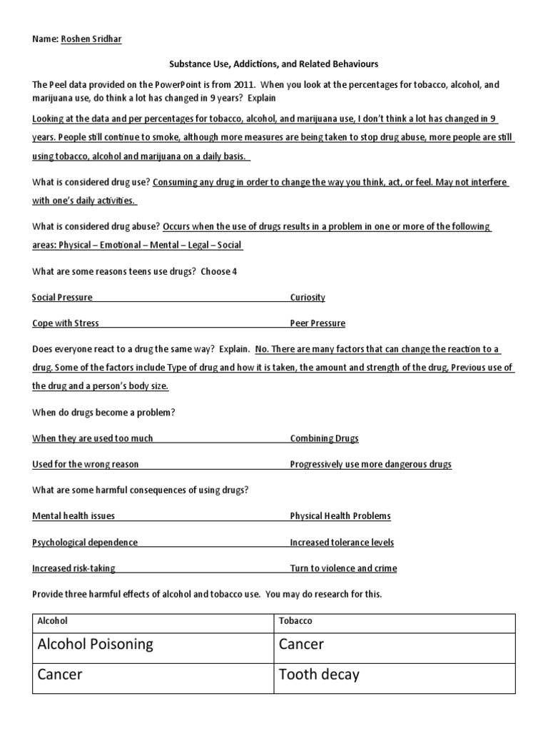 Substance Use, Addictions, and Related Behaviours Lesson 2 | PDF ...