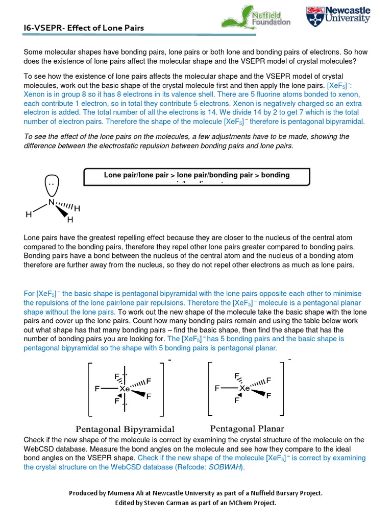 Lone Pairs' Impact on VSEPR Shapes | PDF | Chemical Bond | Applied And ...