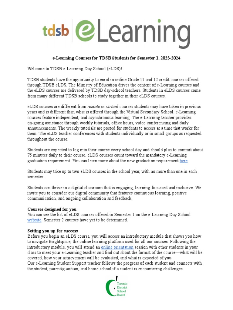 TDSB e-Learning Courses 2023-24 | PDF | Educational Technology ...